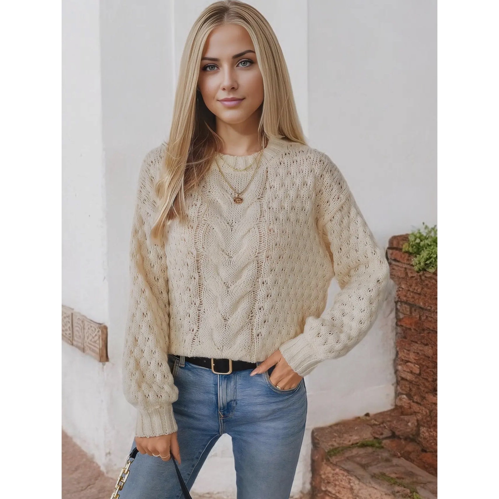 Lt. Beige Cable Knit Design Sweater | Fashion By Bella Boutique